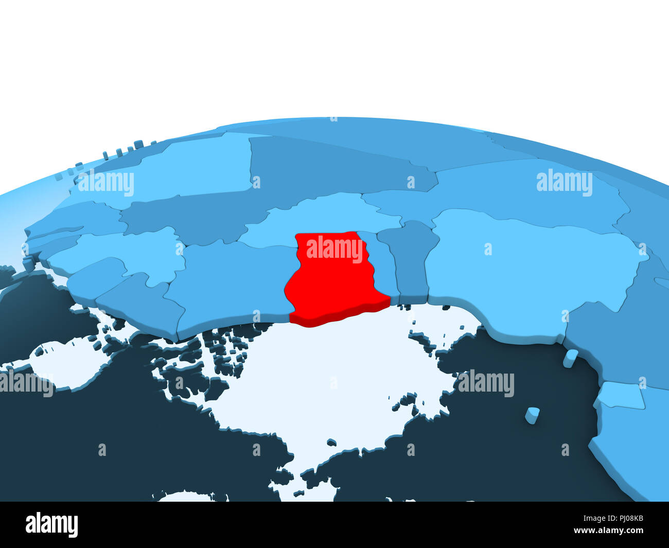 Map of Ghana in red on blue political globe with transparent oceans. 3D ...