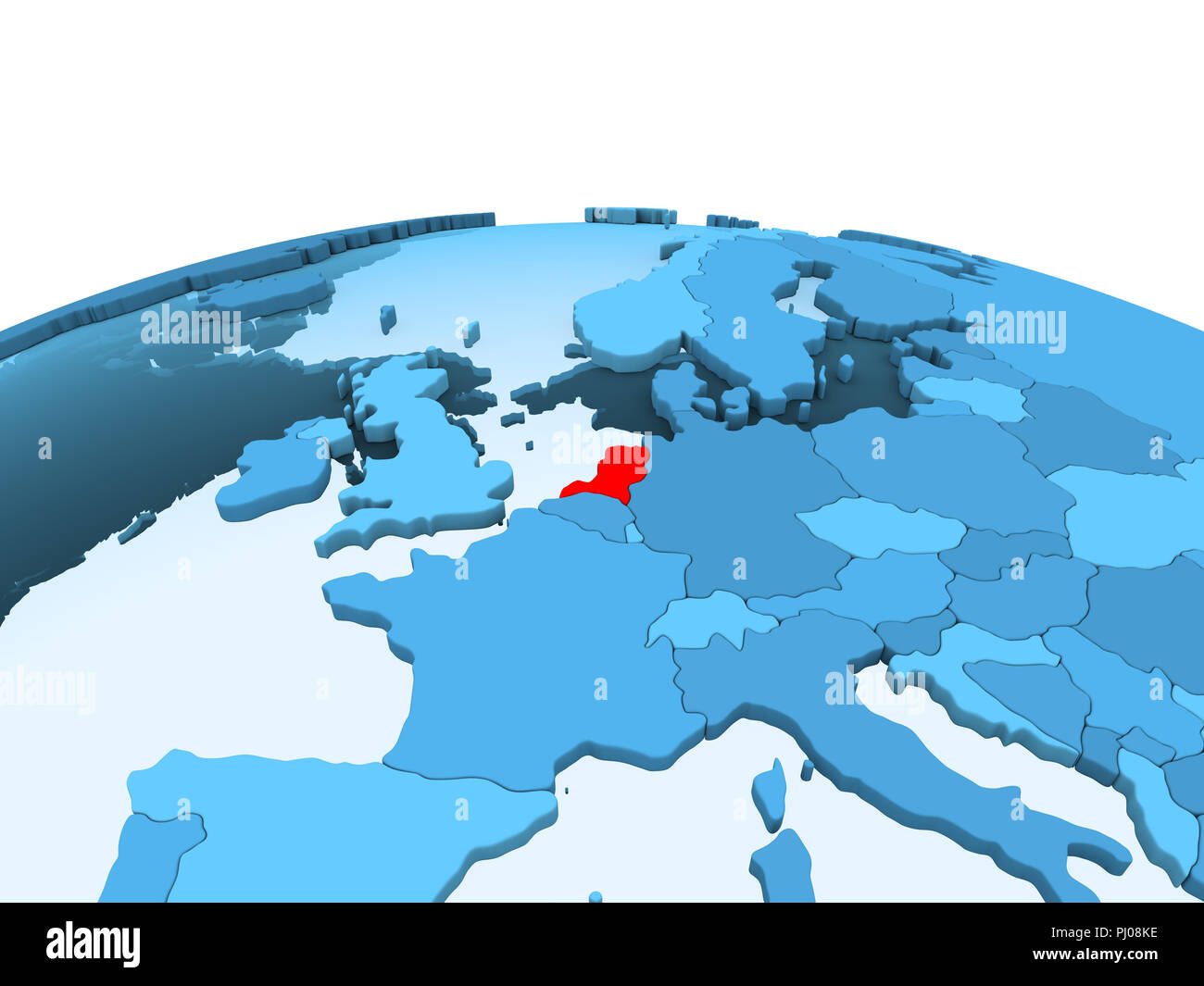 Map of Netherlands in red on blue political globe with transparent ...