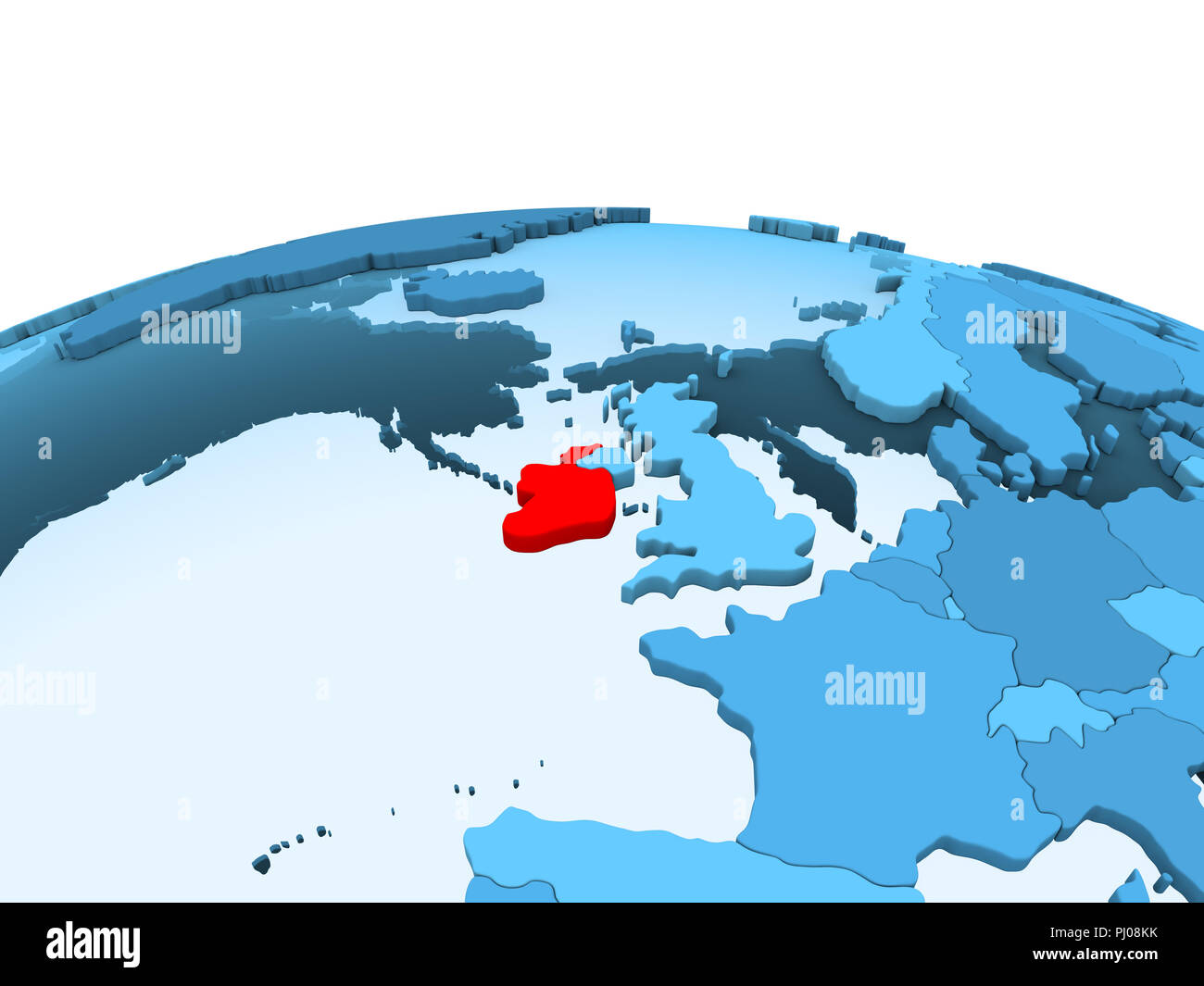 Map of Ireland in red on blue political globe with transparent oceans ...