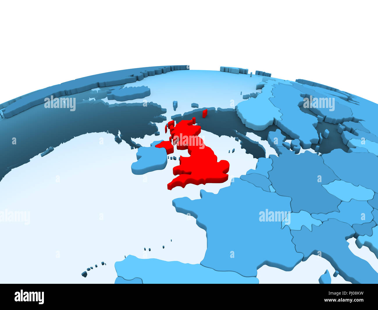 Map of United Kingdom in red on blue political globe with transparent ...
