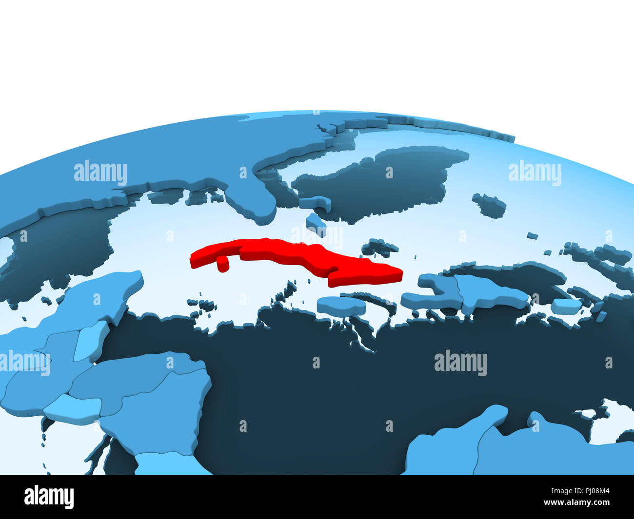 Map of Cuba in red on blue political globe with transparent oceans. 3D ...