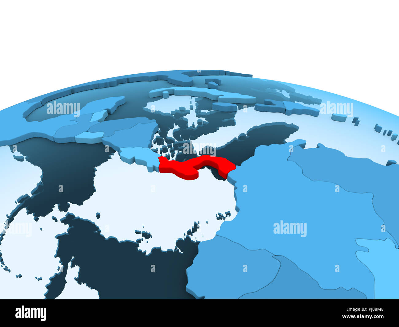 Map of Panama in red on blue political globe with transparent oceans ...