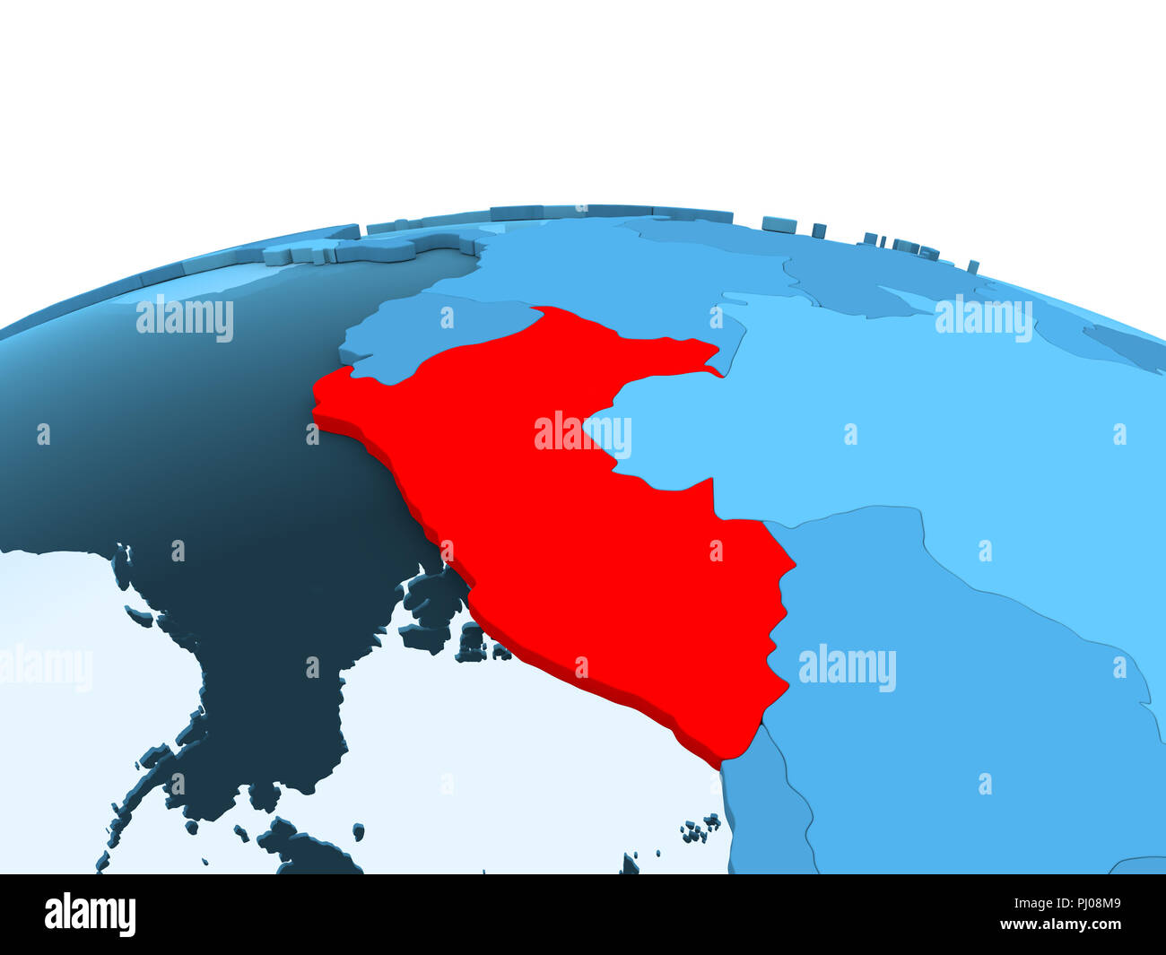 Map of Peru in red on blue political globe with transparent oceans. 3D ...