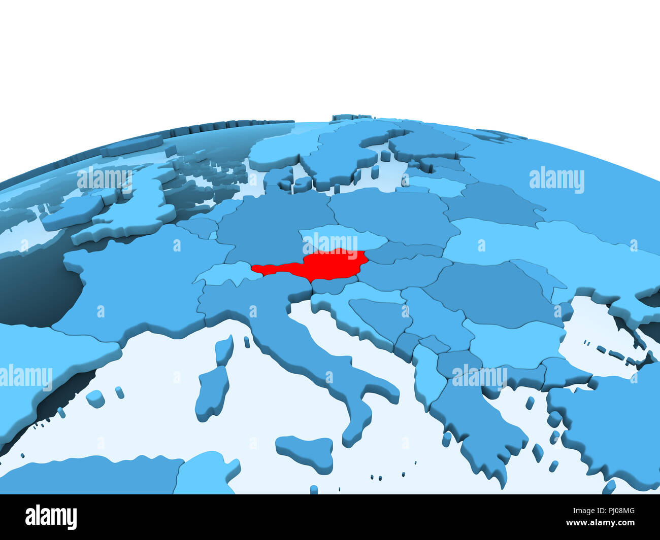 Map of Austria in red on blue political globe with transparent oceans ...