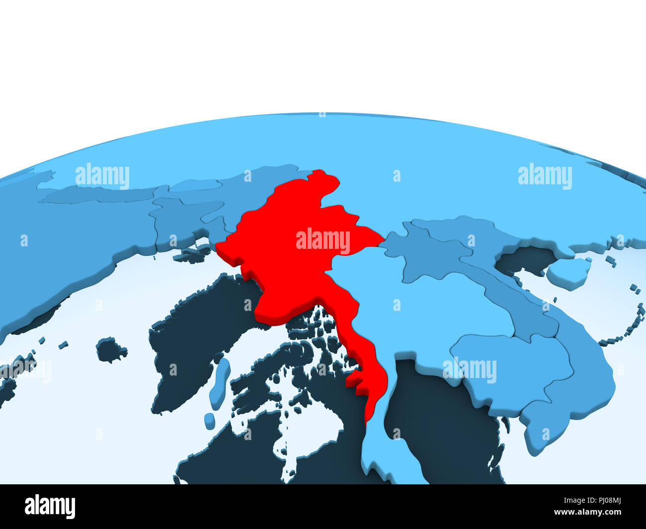 Map of Myanmar in red on blue political globe with transparent oceans ...