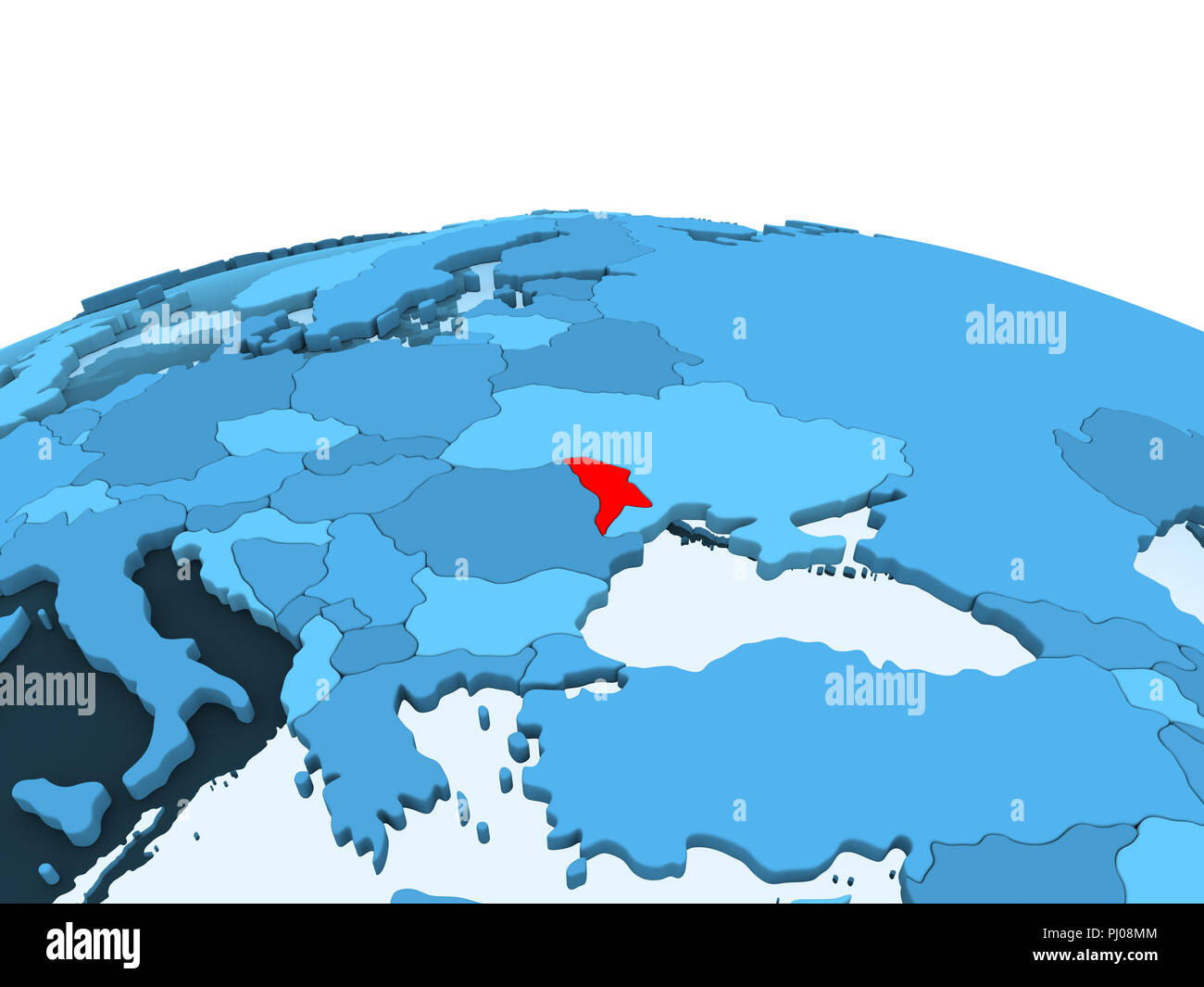 Map of Moldova in red on blue political globe with transparent oceans ...