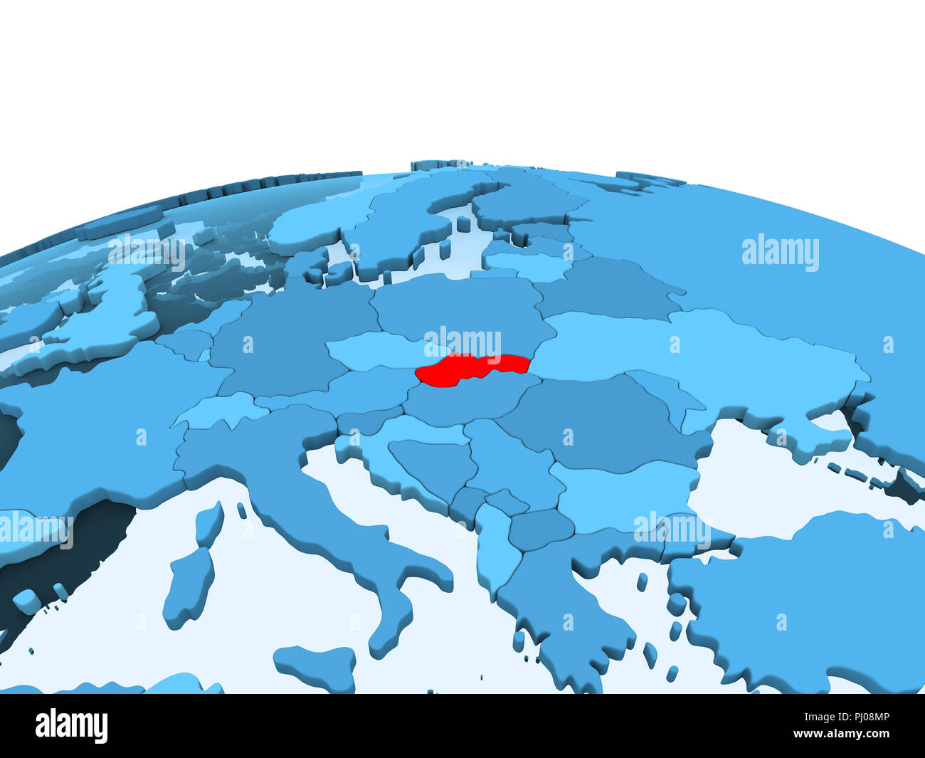 Map of Slovakia in red on blue political globe with transparent oceans ...