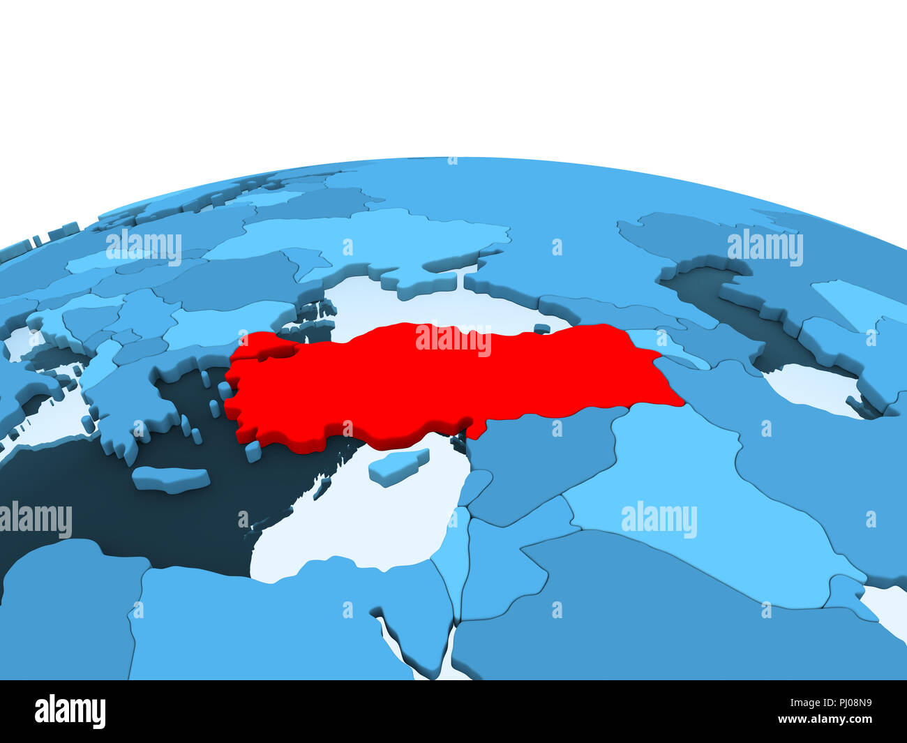Map of Turkey in red on blue political globe with transparent oceans ...