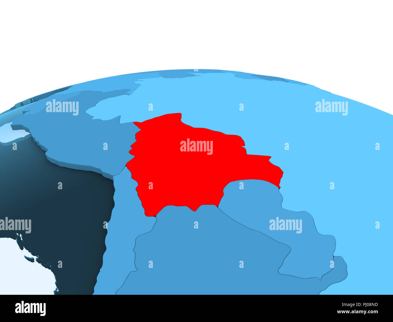 Map of Bolivia in red on blue political globe with transparent oceans ...