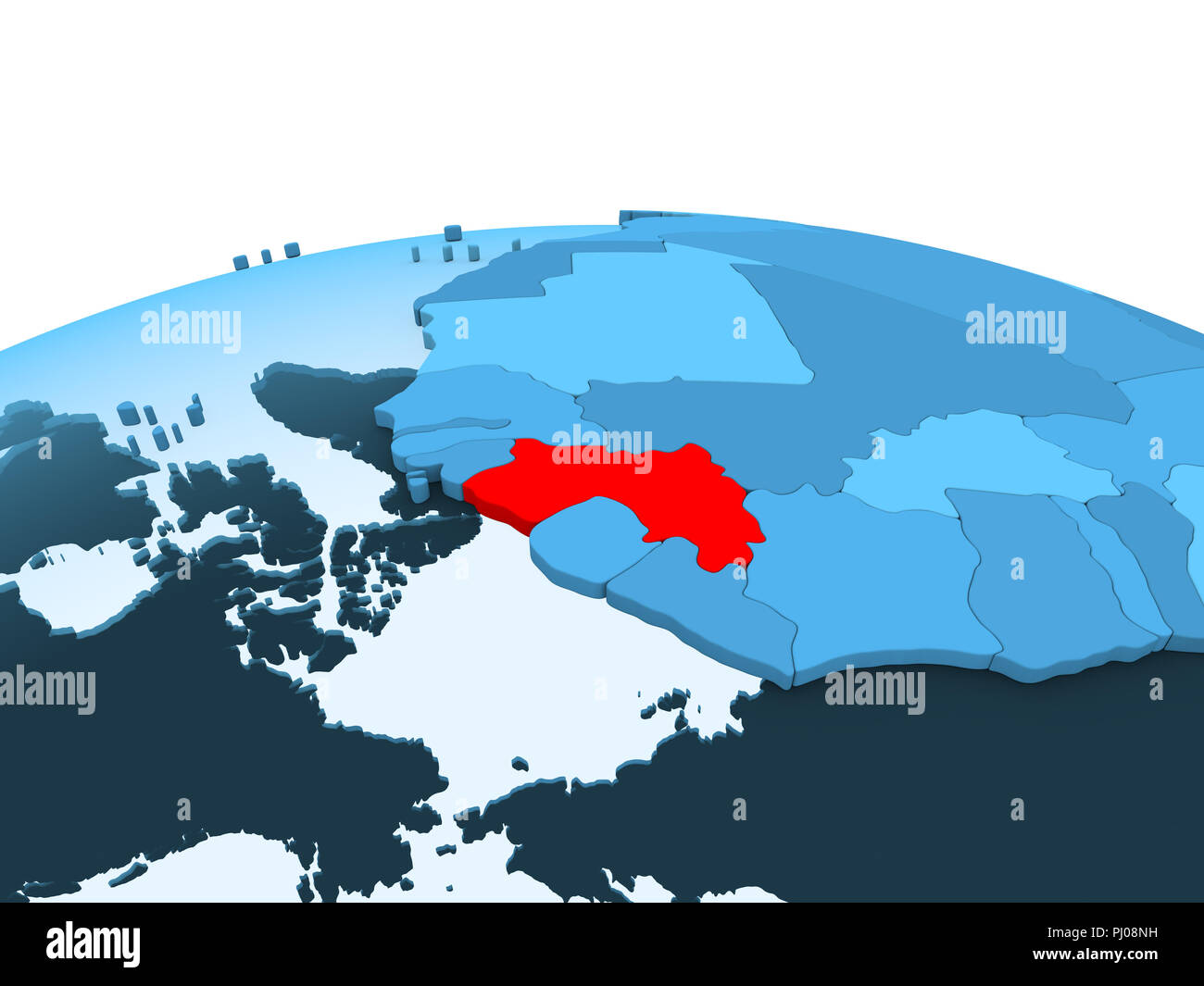 Map of Guinea in red on blue political globe with transparent oceans ...
