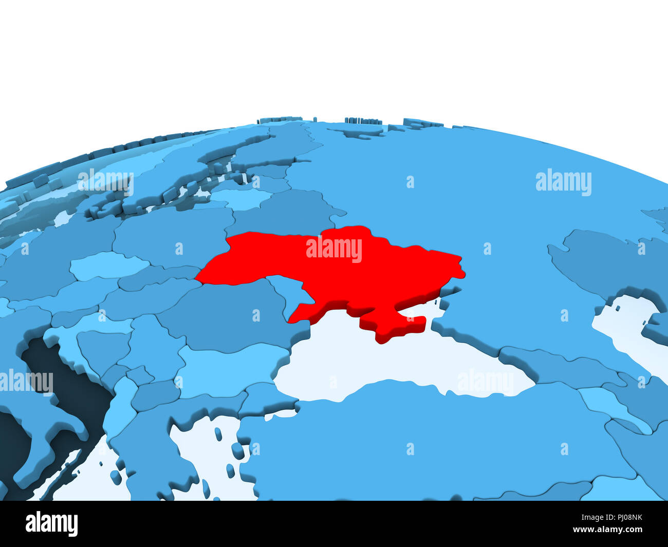 Map of Ukraine in red on blue political globe with transparent oceans ...