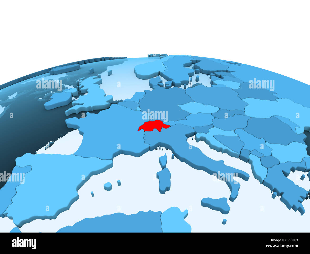 Map of Switzerland in red on blue political globe with transparent ...