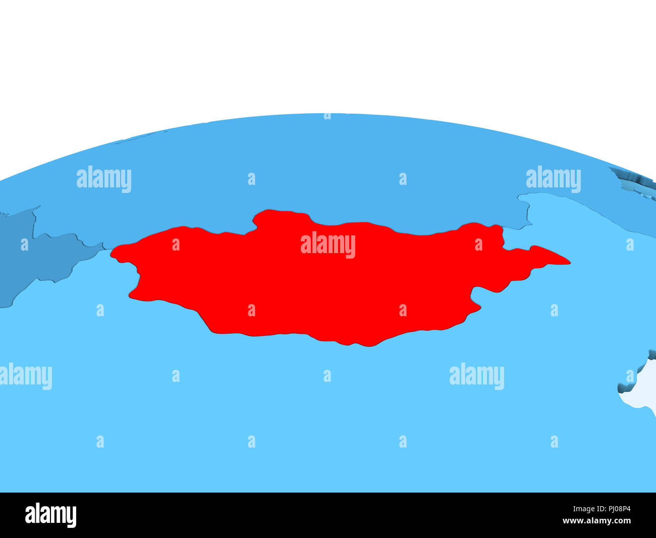 Map of Mongolia in red on blue political globe with transparent oceans. 3D illustration Stock ...