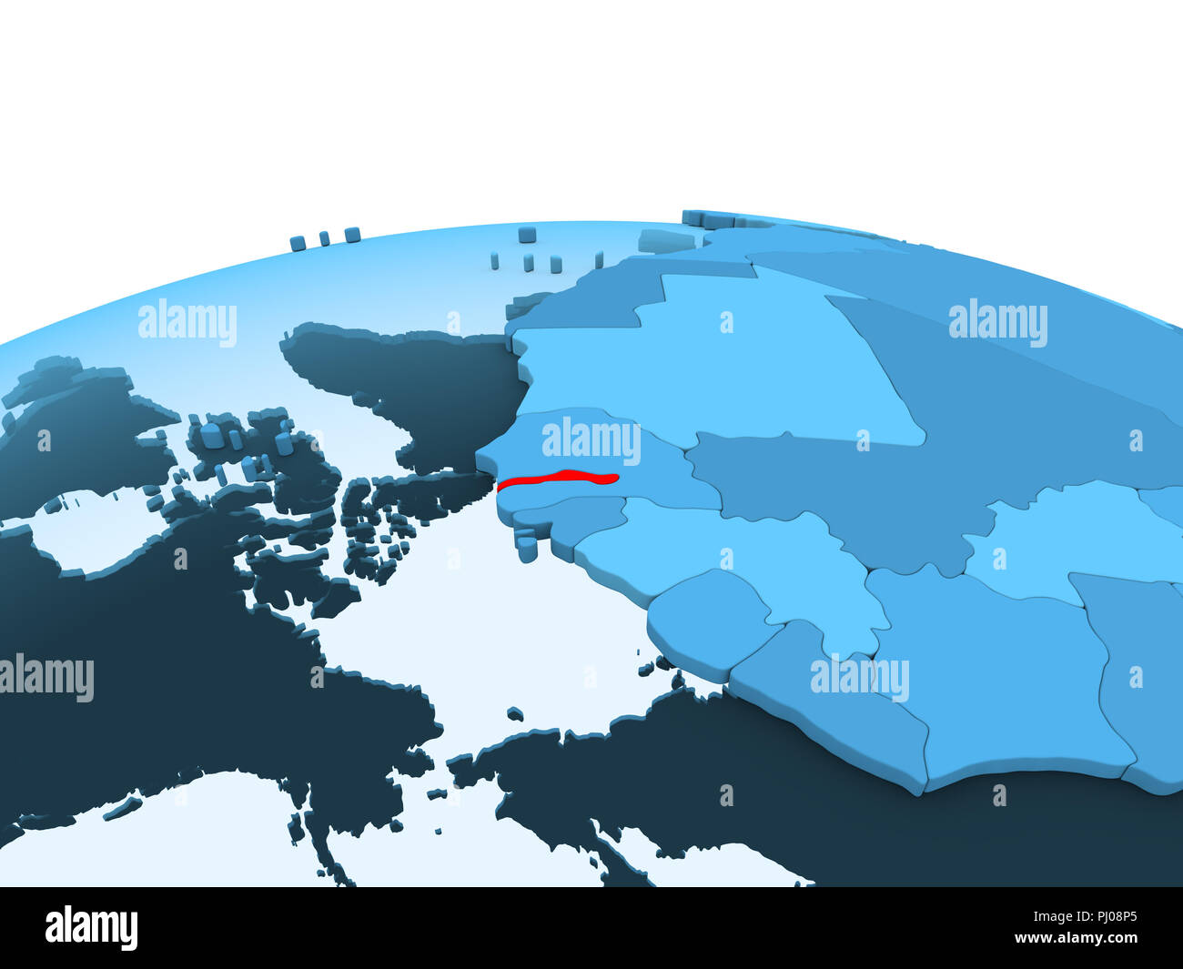 Map of Gambia in red on blue political globe with transparent oceans ...