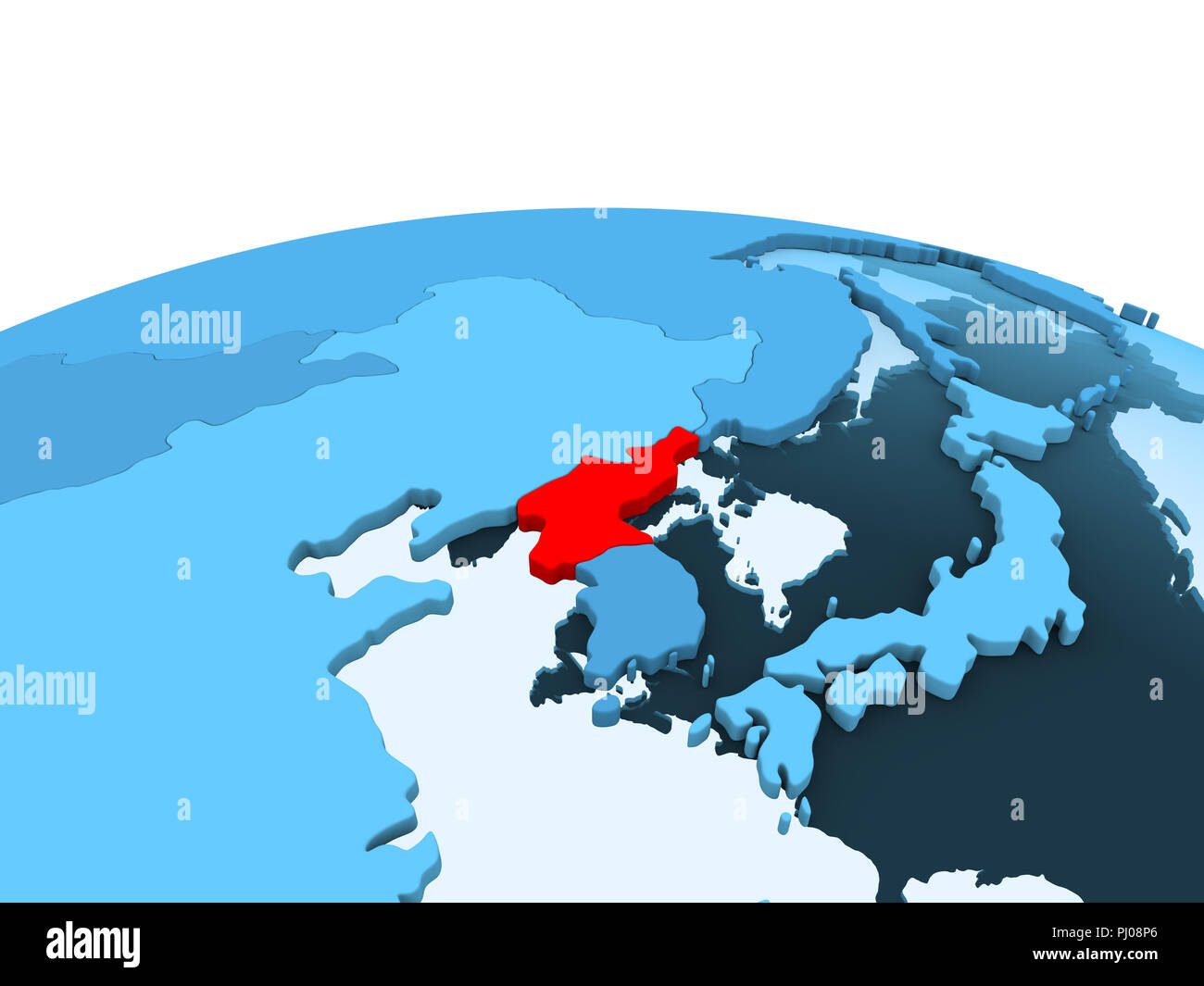 Map of North Korea in red on blue political globe with transparent ...