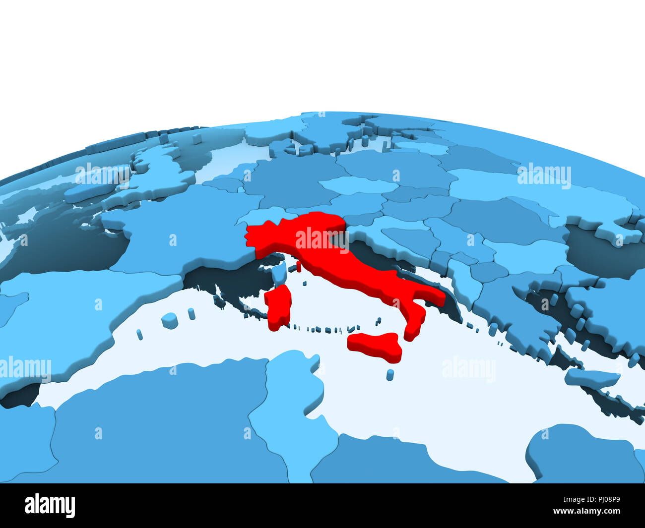 Map of Italy in red on blue political globe with transparent oceans. 3D ...