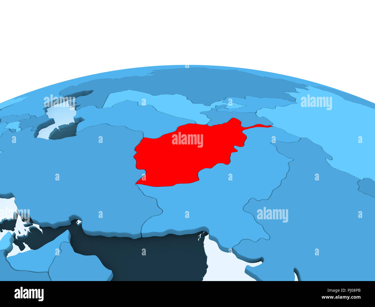 Map of Afghanistan in red on blue political globe with transparent ...