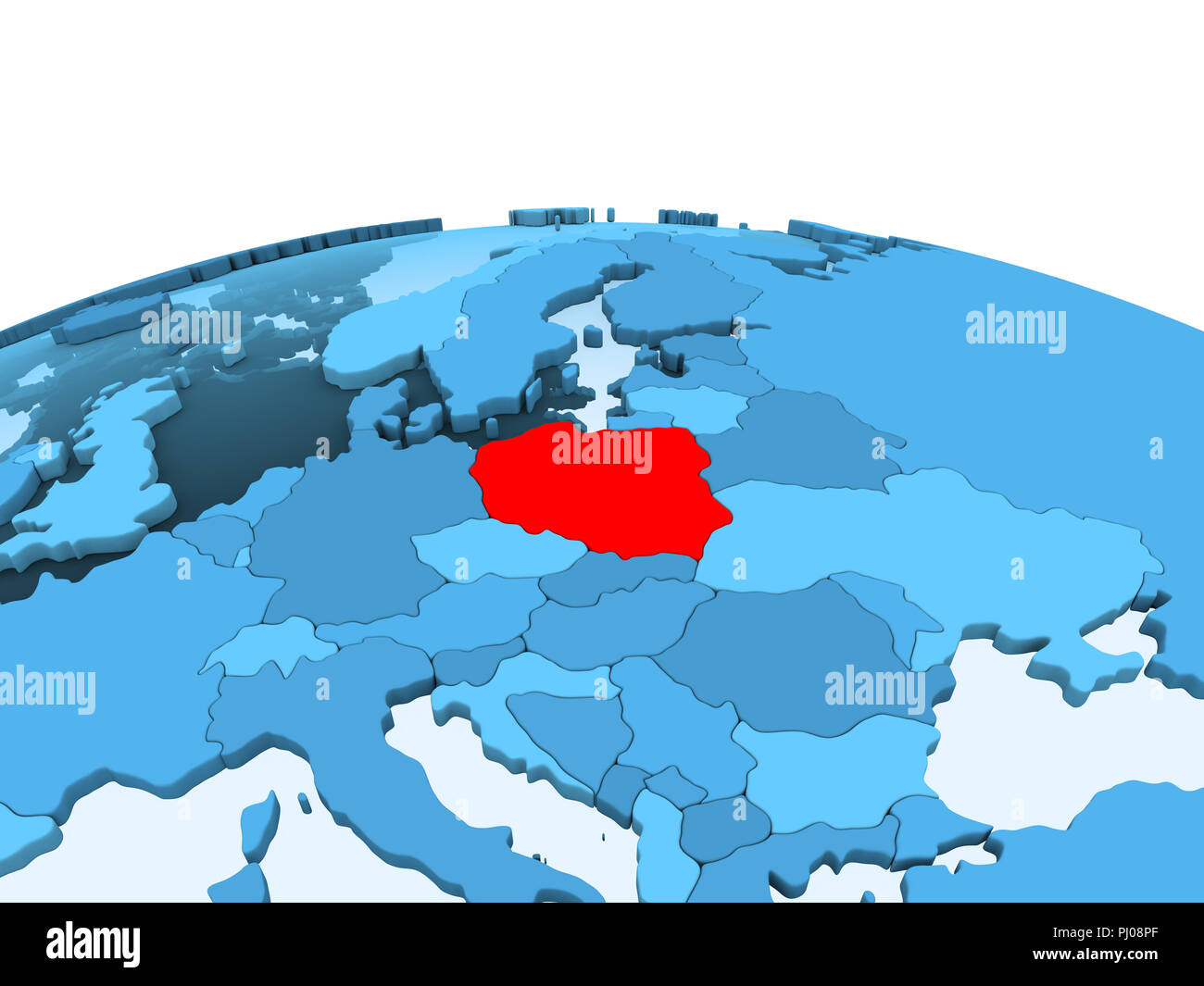Map of Poland in red on blue political globe with transparent oceans ...