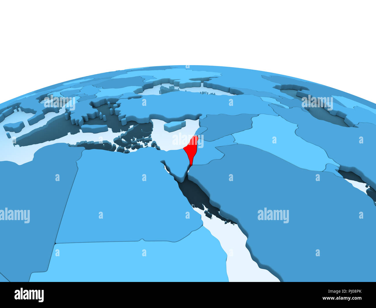 Map of Israel in red on blue political globe with transparent oceans ...