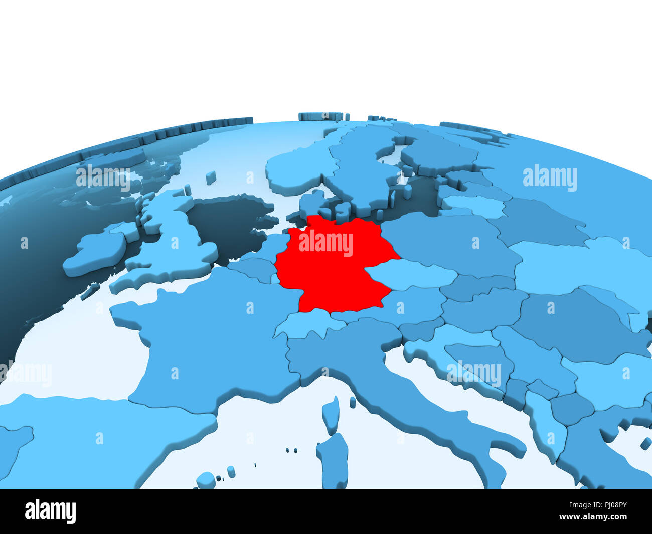 Map of Germany in red on blue political globe with transparent oceans ...
