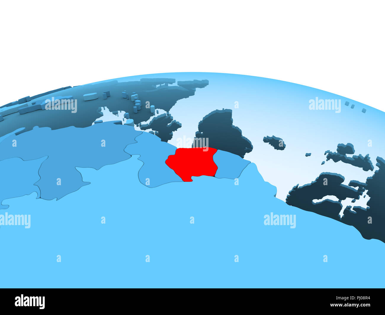 Map of Suriname in red on blue political globe with transparent oceans ...