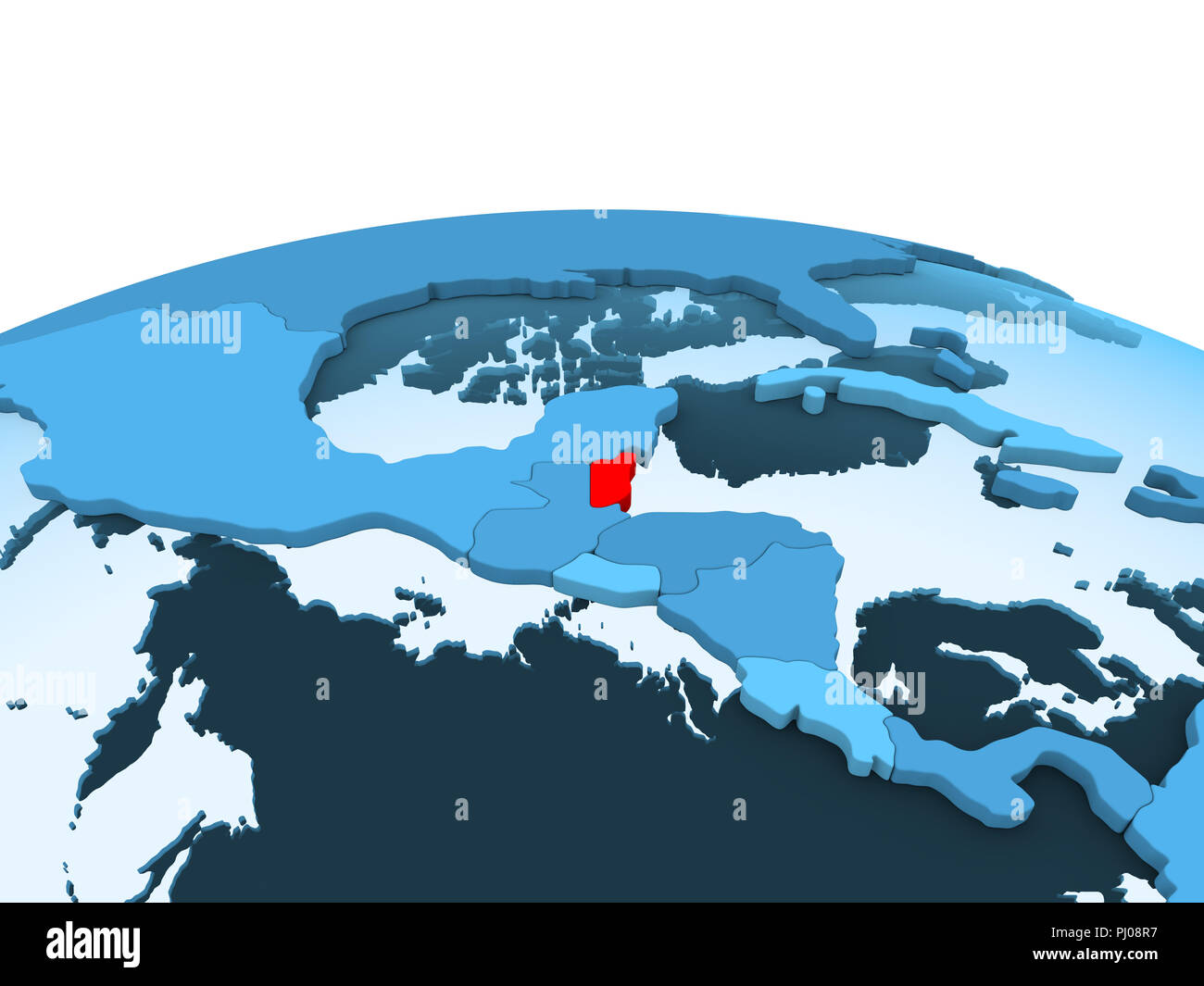 Map of Belize in red on blue political globe with transparent oceans ...