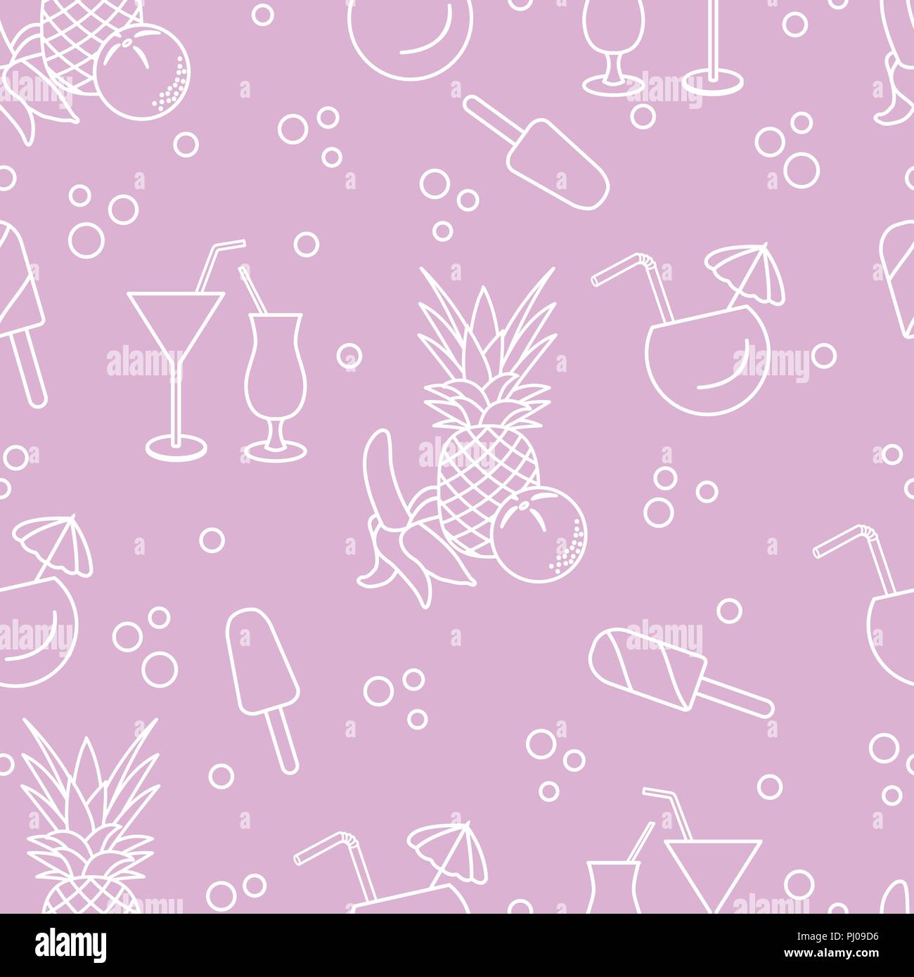 Seamless pattern with cocktails, ice cream, pineapple, orange, banana ...