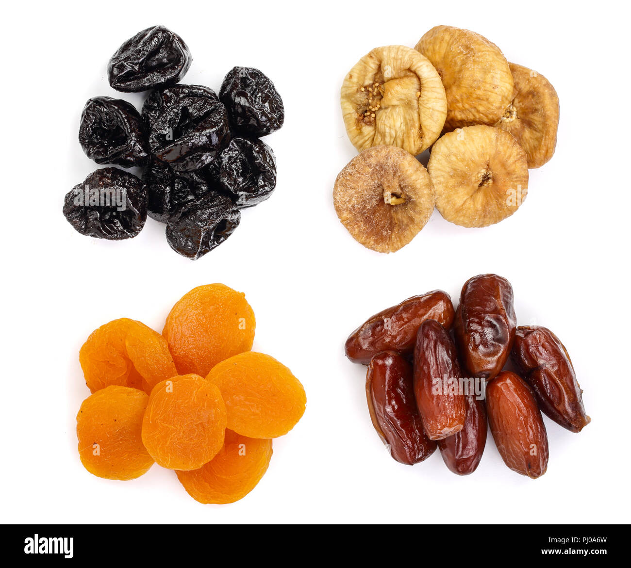 Set of dried fruits isolated on white background. Top view. Flat lay ...