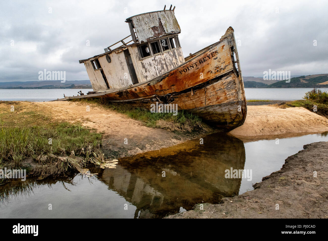 The Point Reyes abandoned shipwreck along the shore of Tomales Bay at ...