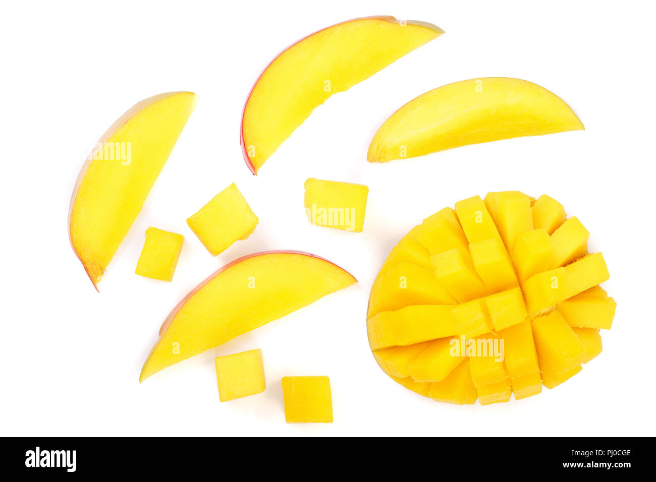 half of Mango fruit isolated on white background close-up. Top view ...