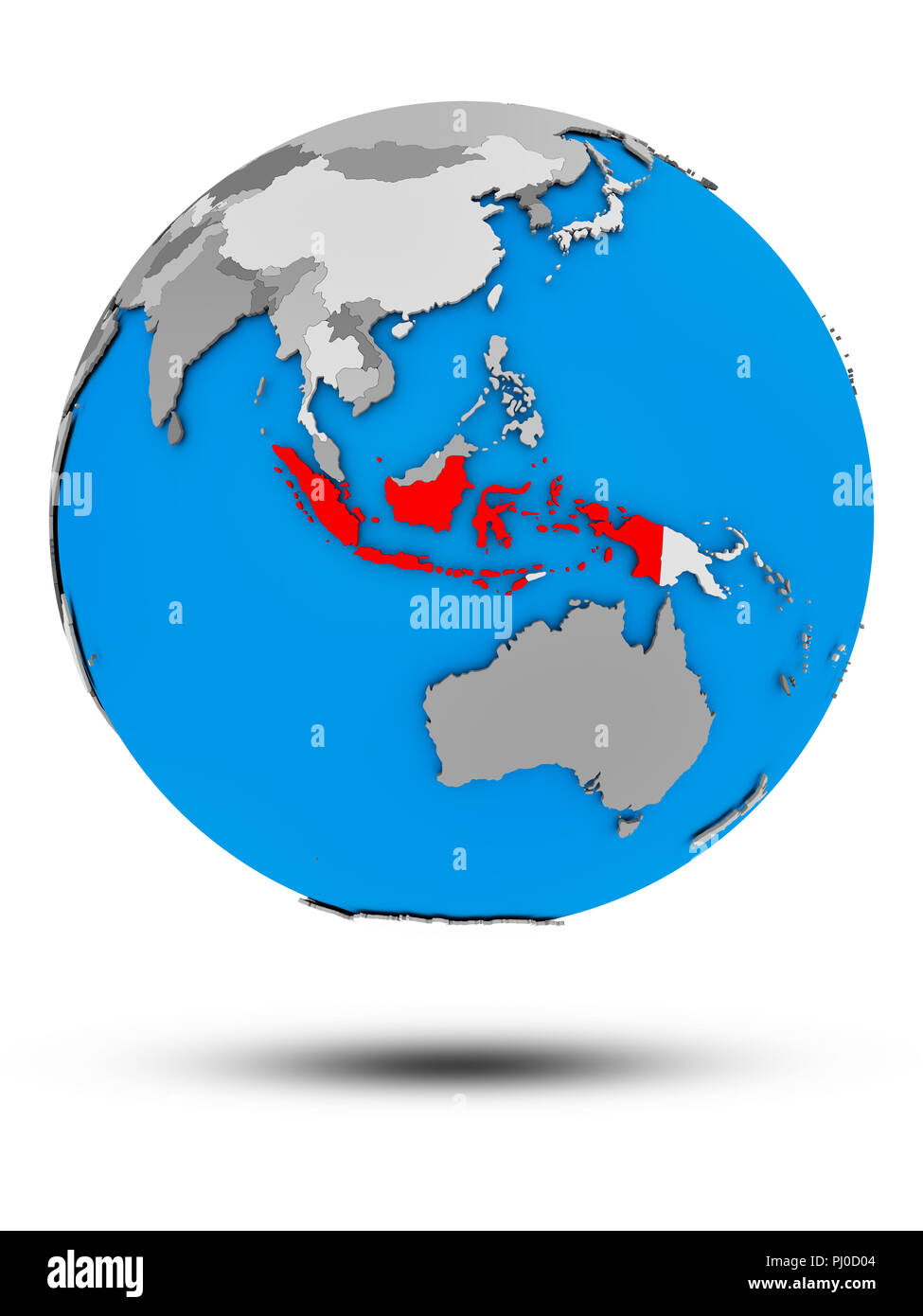 Indonesia on political globe with shadow isolated on white background ...