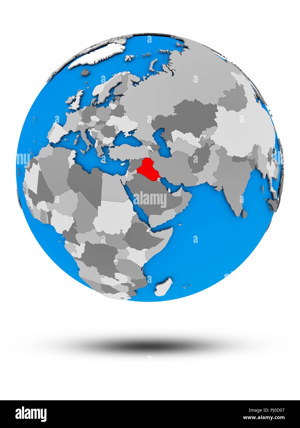 Iraq on political globe with shadow isolated on white background. 3D ...