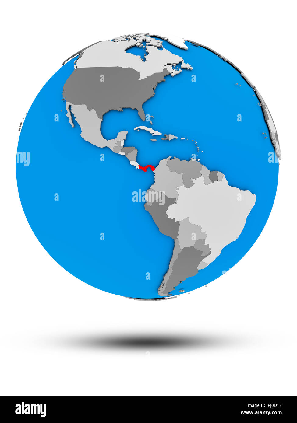 Panama on political globe with shadow isolated on white background. 3D ...
