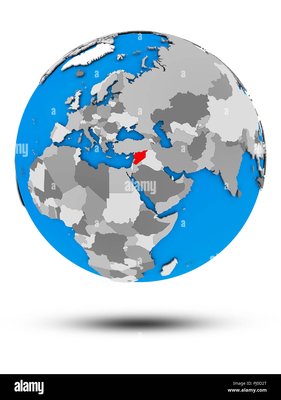 Syria on political globe with shadow isolated on white background. 3D ...