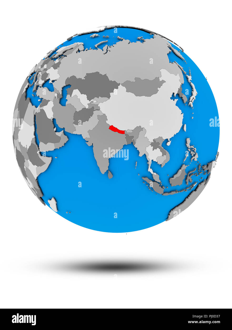 Nepal on political globe with shadow isolated on white background. 3D ...
