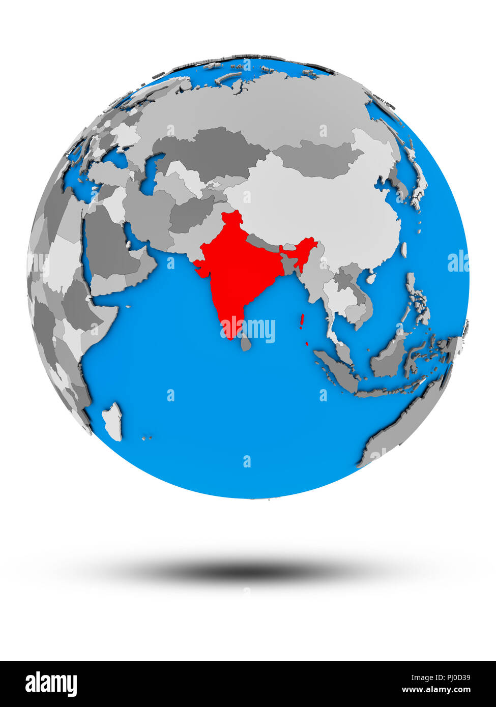 India on political globe with shadow isolated on white background. 3D ...