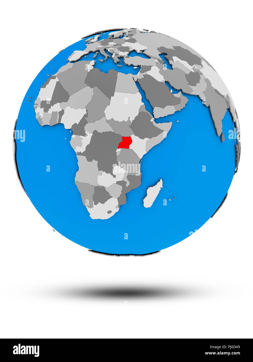 Uganda on political globe with shadow isolated on white background. 3D ...