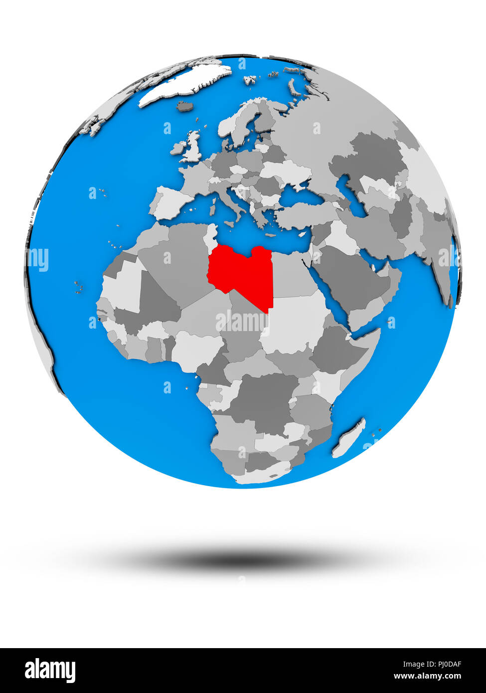 Libya on political globe with shadow isolated on white background. 3D ...