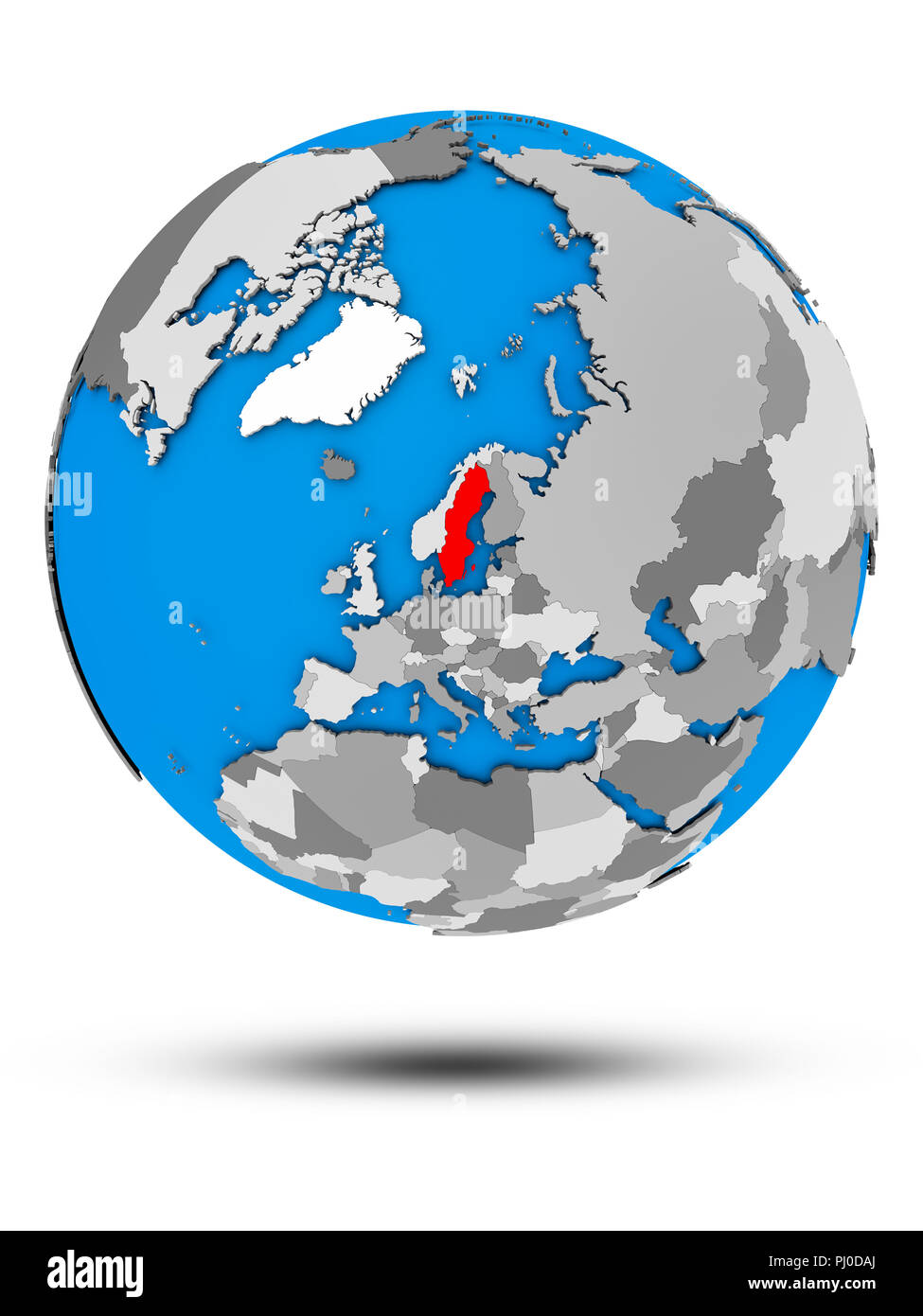Sweden on political globe with shadow isolated on white background. 3D ...