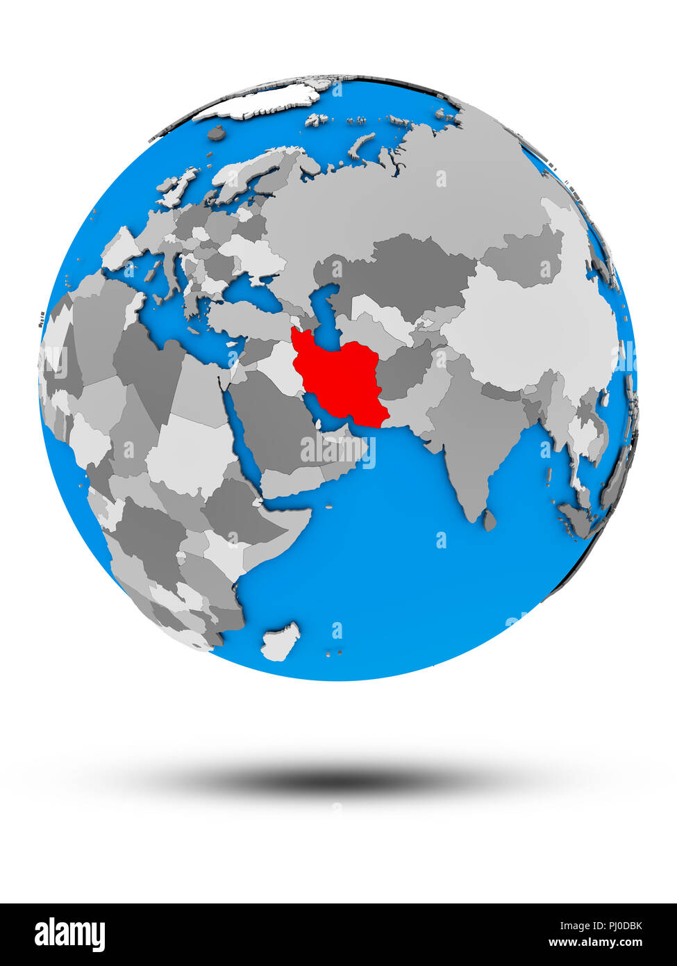 Iran on political globe with shadow isolated on white background. 3D ...