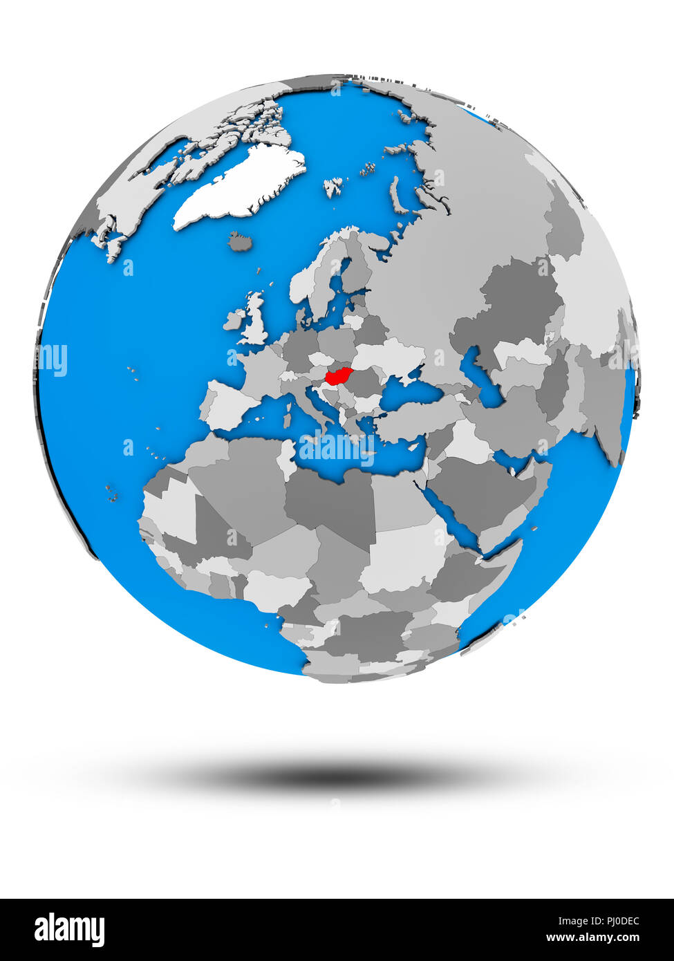 Hungary on political globe with shadow isolated on white background. 3D ...