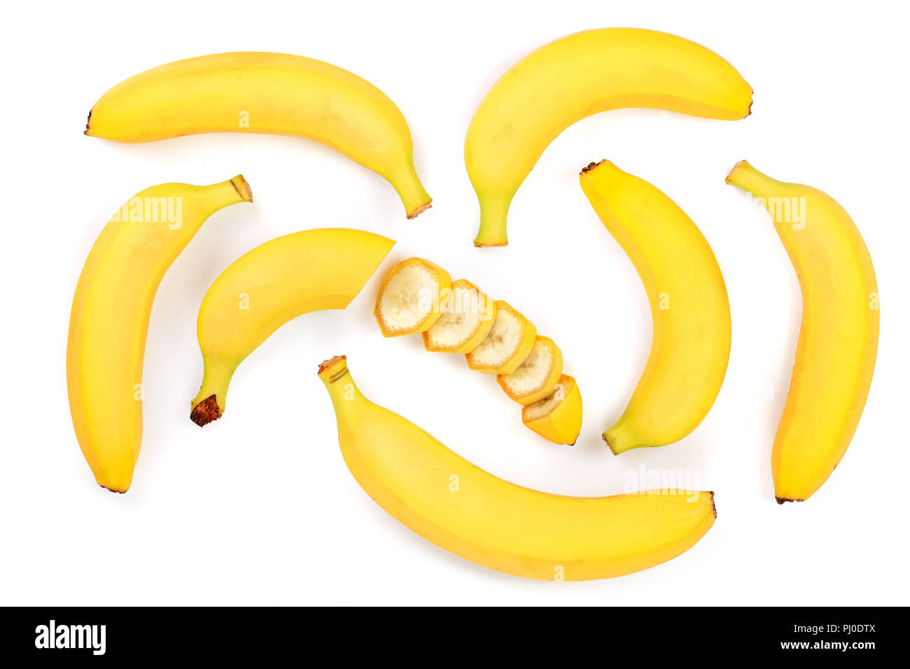 whole and sliced bananas isolated on white background. Top view. Flat ...