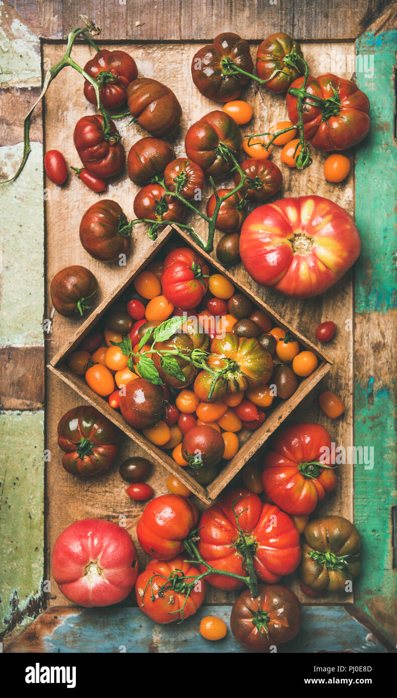 Flat -lay of fresh colorful tomatoes on tray, vertical composition ...
