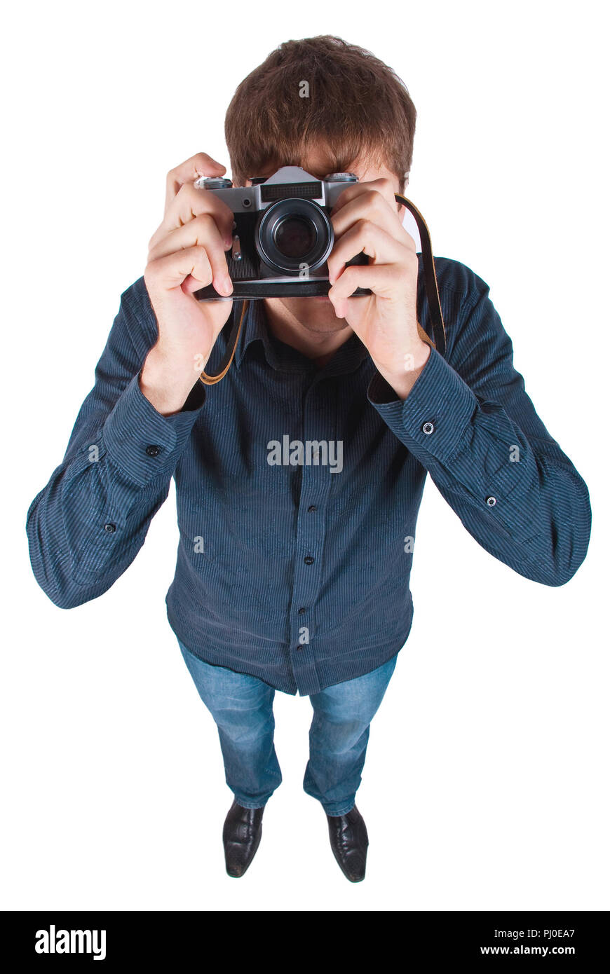 man looking at you through the camera isolated on white background ...