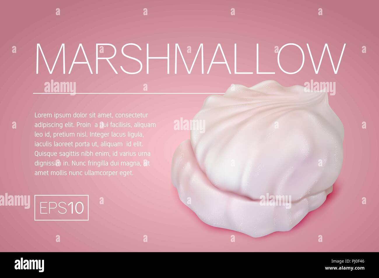 Banner with a realistic image of marshmallows on a pink background. One ...
