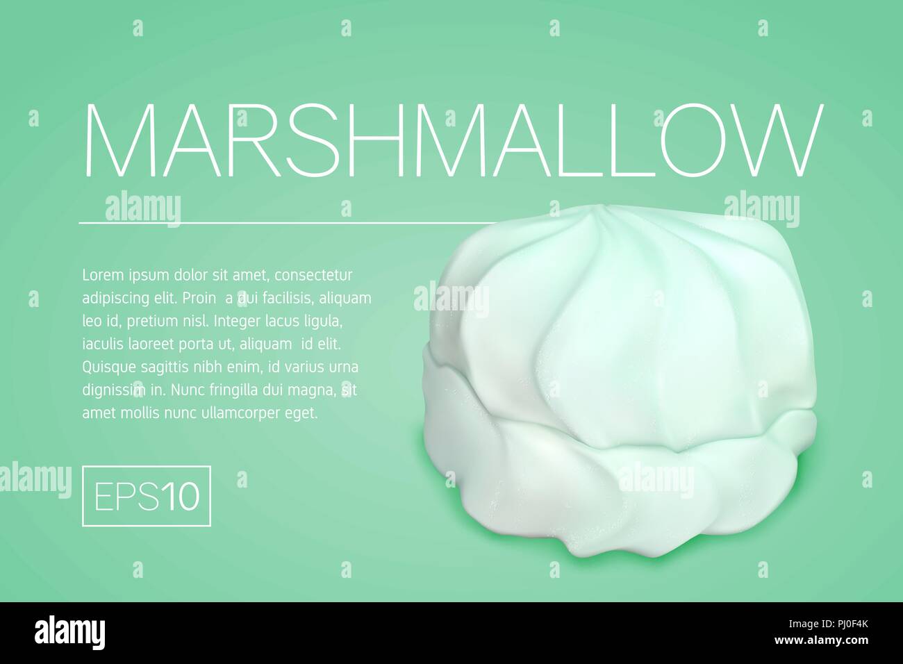 Banner with a realistic image of marshmallows on a turquoise background ...