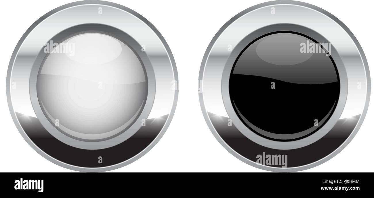 Black and white round buttons. Glass 3d shiny icons with wide metal ...