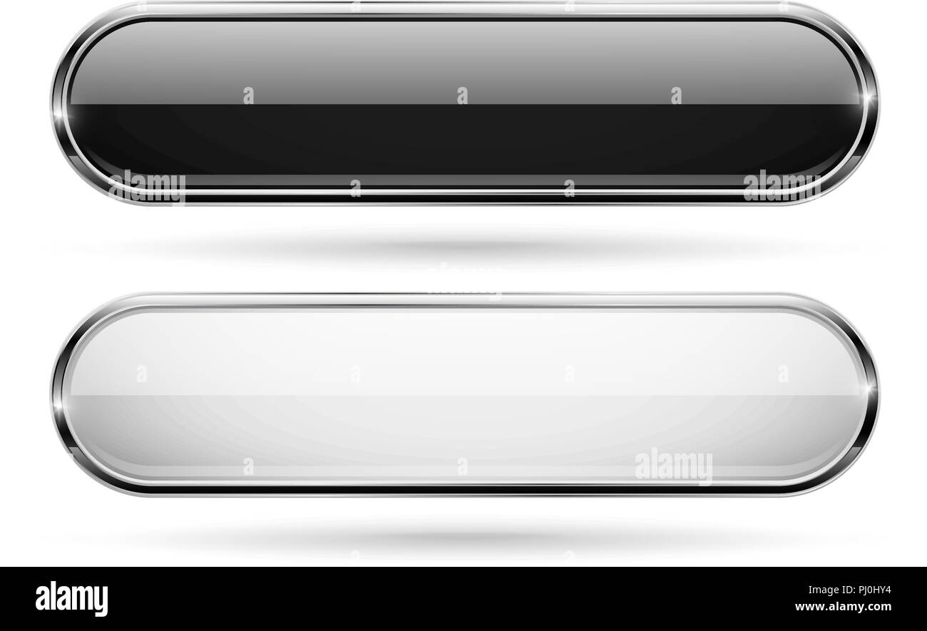 Black and white glass buttons. Oval 3d icons with metal frame Stock ...