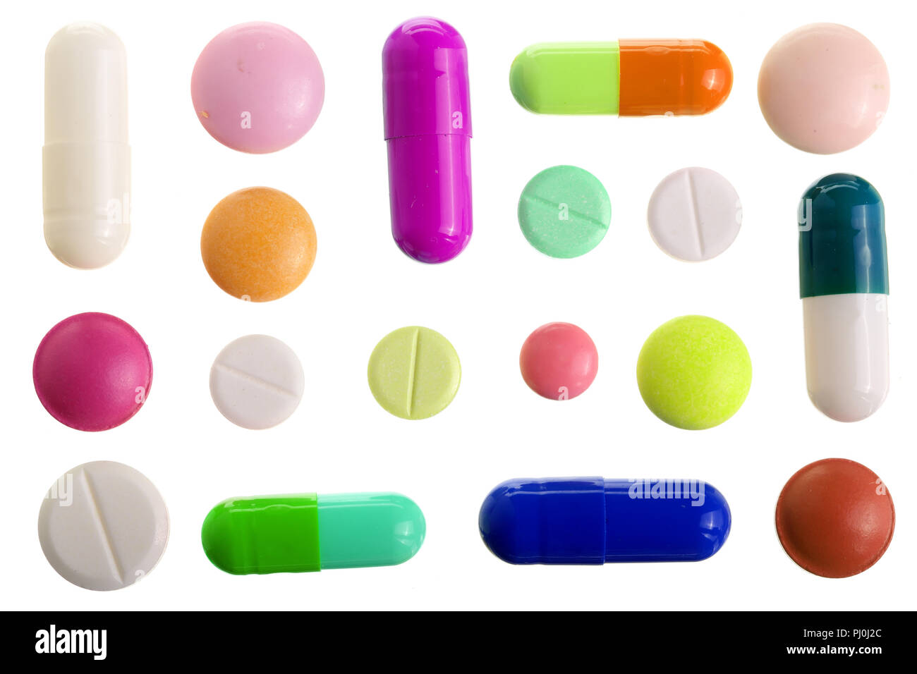 multicolor pill capsule isolated on white background. Top view. Flat ...