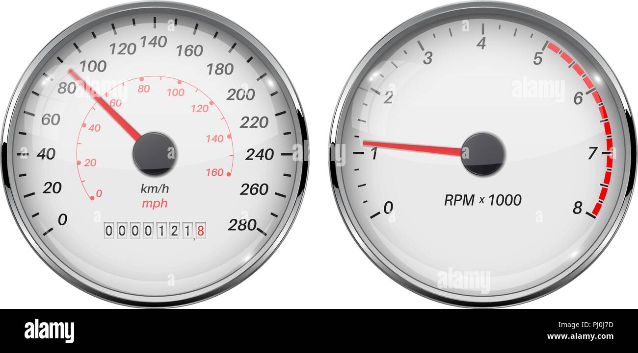 Speedometer and tachometer. White gauge set with metal frame Stock ...